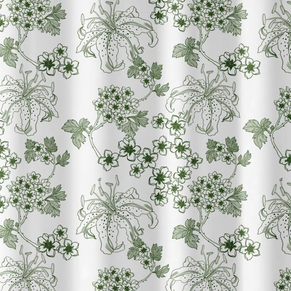 Shower Curtain Toile De Jouy Dark Green and White Lily * Nature Design ...