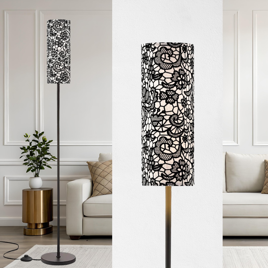 Narrow Floor Lamp With Fabric Lampshade - Black & White Lace Pattern ...