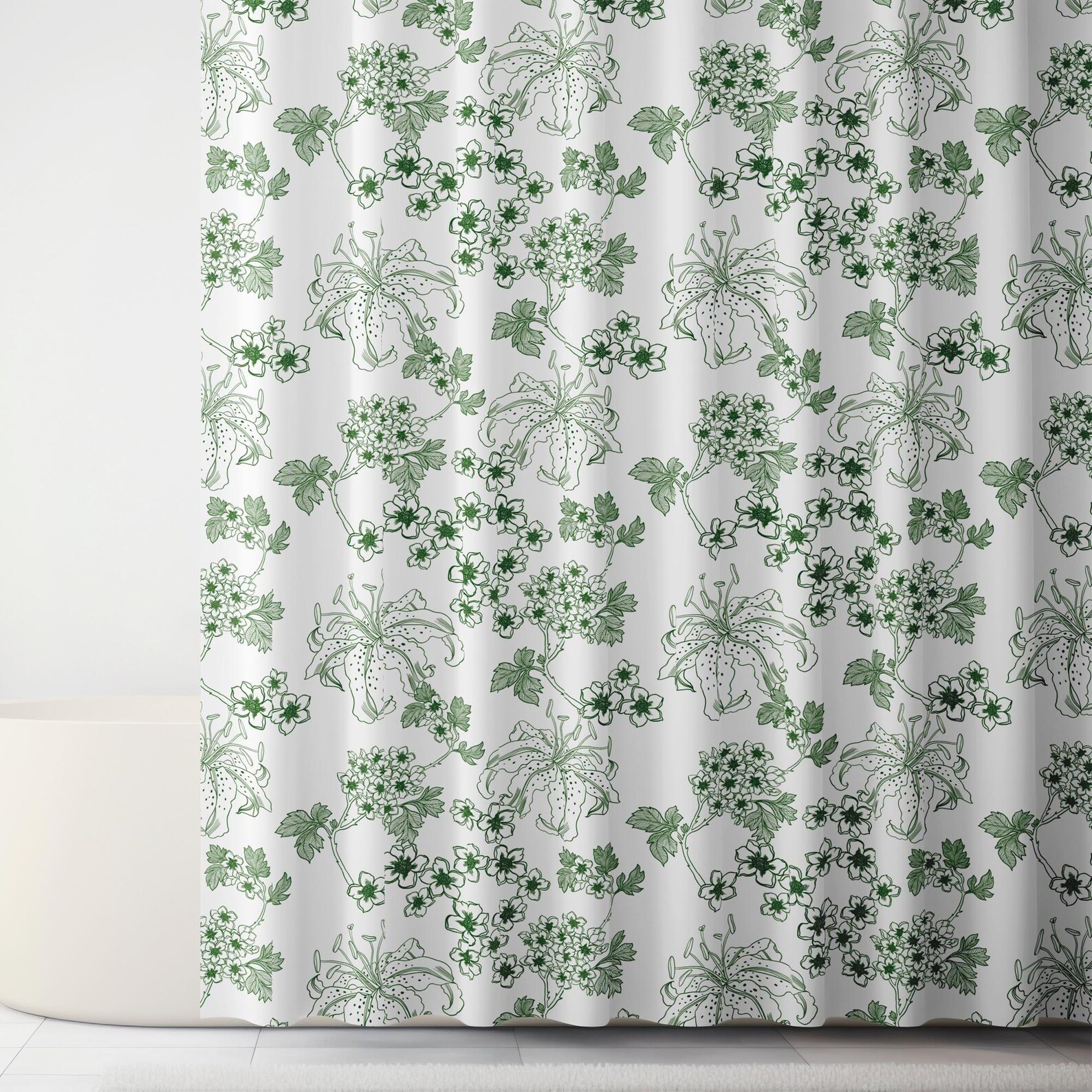 Shower Curtain Toile De Jouy Dark Green and White Lily * Nature Design ...