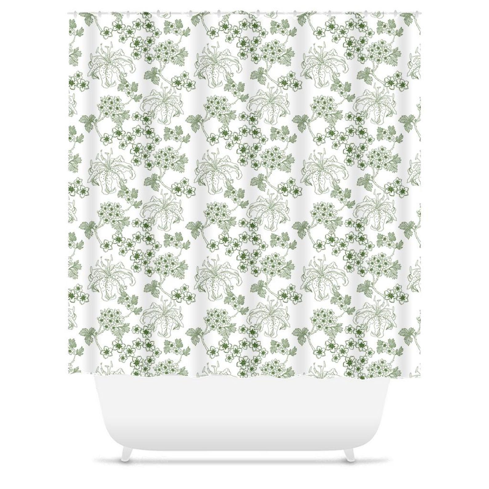 Shower Curtain Toile De Jouy Dark Green and White Lily * Nature Design ...