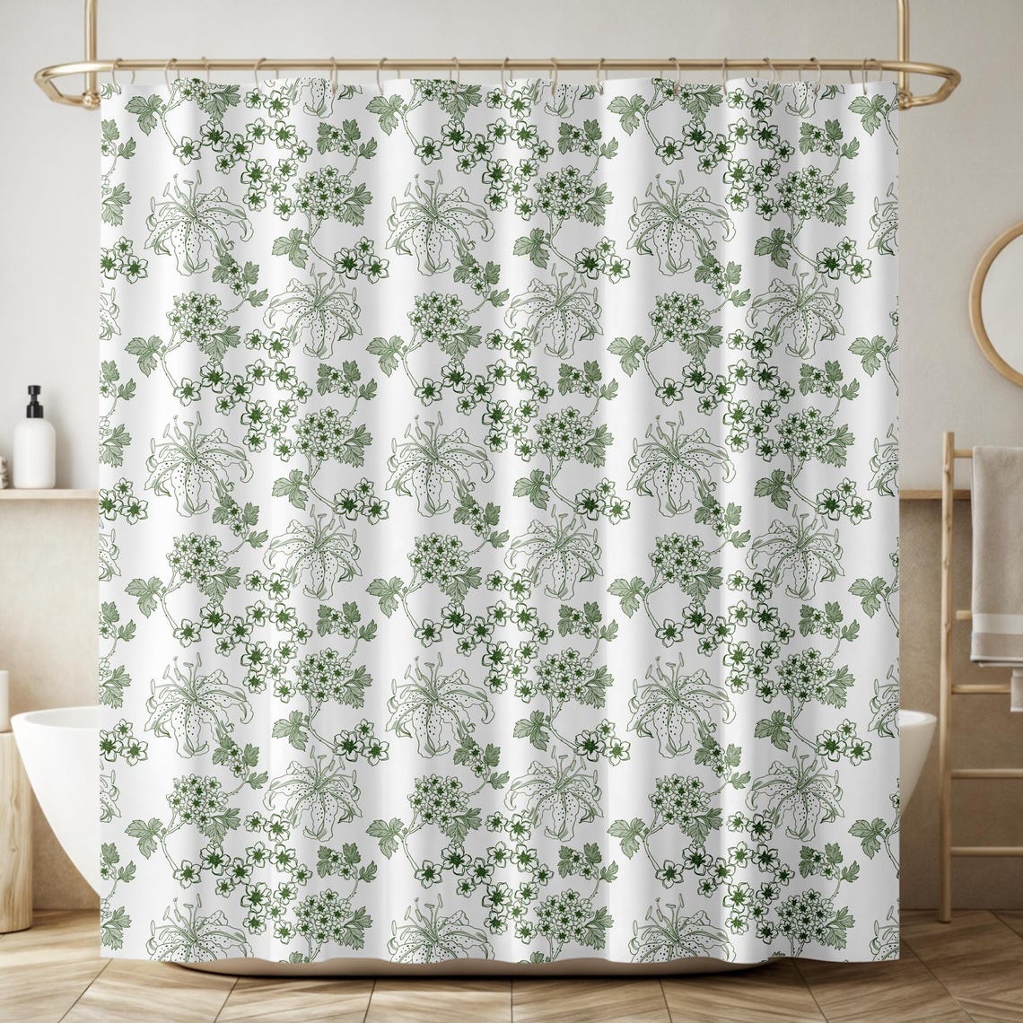 Shower Curtain Toile De Jouy Dark Green and White Lily * Nature Design ...