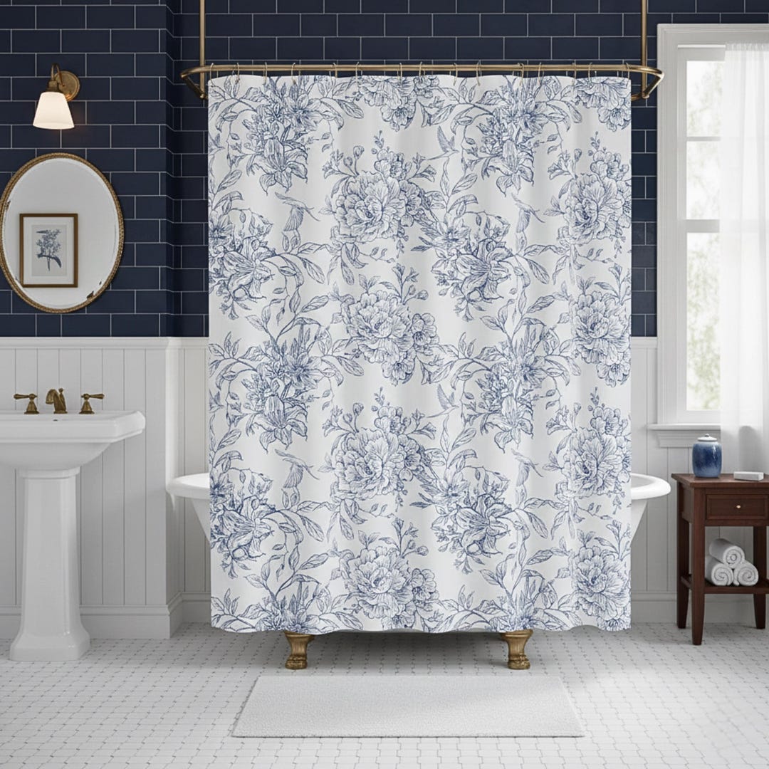 Shower Curtain - Dark Blue & White French Toile De Jouy Pattern - Etsy