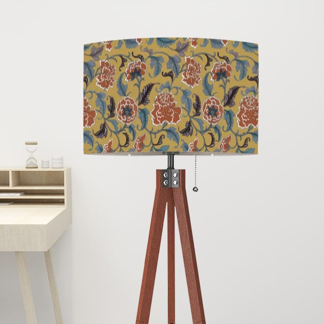 Large Drum Lampshade - Chioiserie Floral Pattern Muted Red Blue Mustard ...