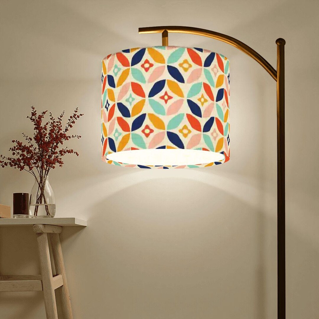 Retro Arc Floor Lamp Mid Century Modern Style Print Linen Shade With ...