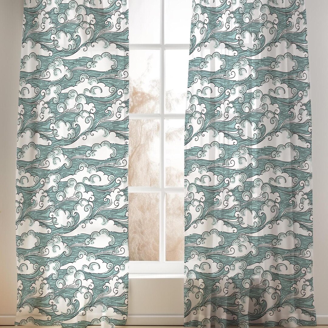 Sheer Curtains * Windy Clouds * Light Teal Blue Black and White * Linen ...