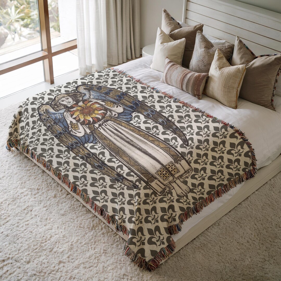 Woven Cotton Blanket With Fringe - William Morris Angel With Sun Fleur ...