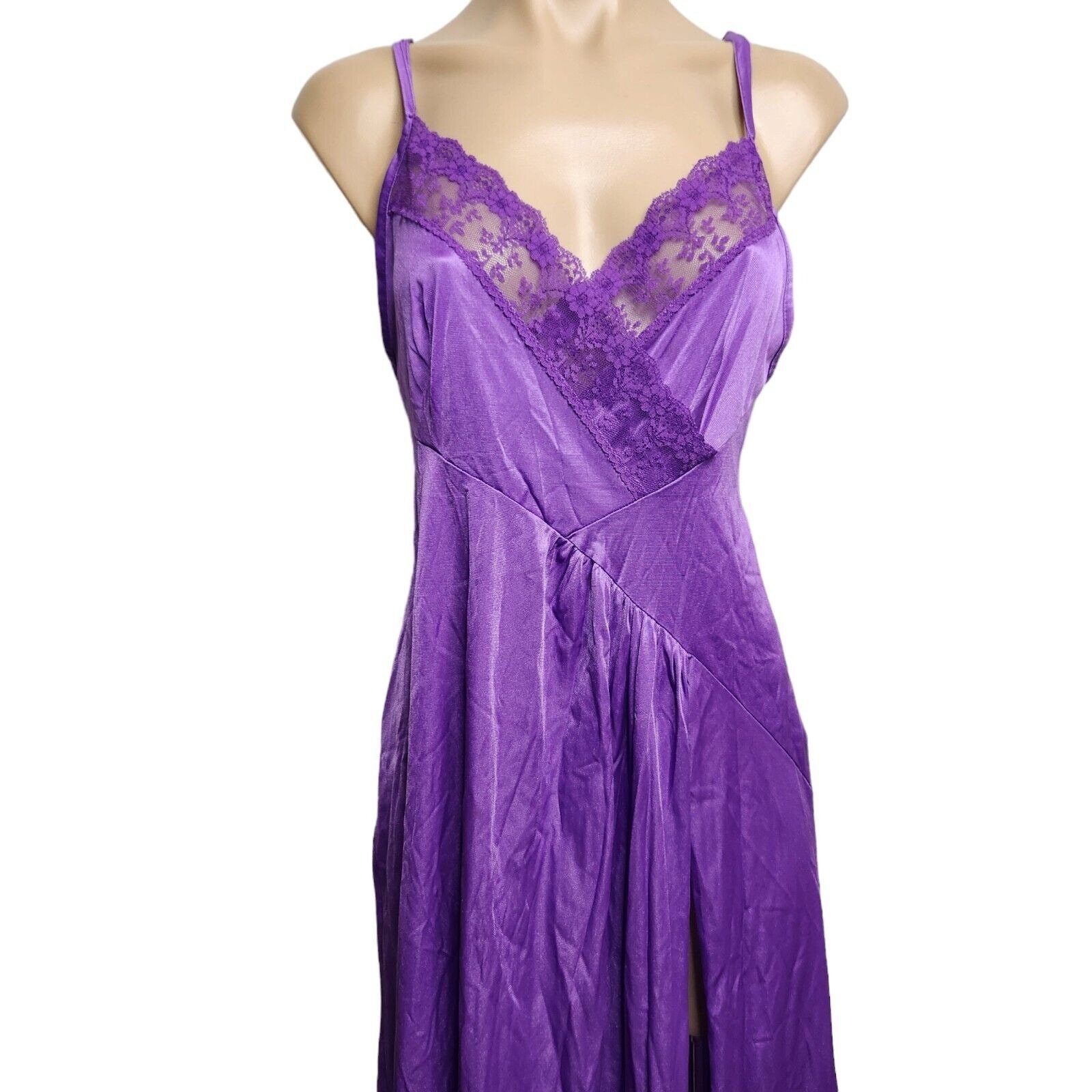 Vintage Undercover Wear Long Purple Nylon and Lace Night Gown Side Slit ...
