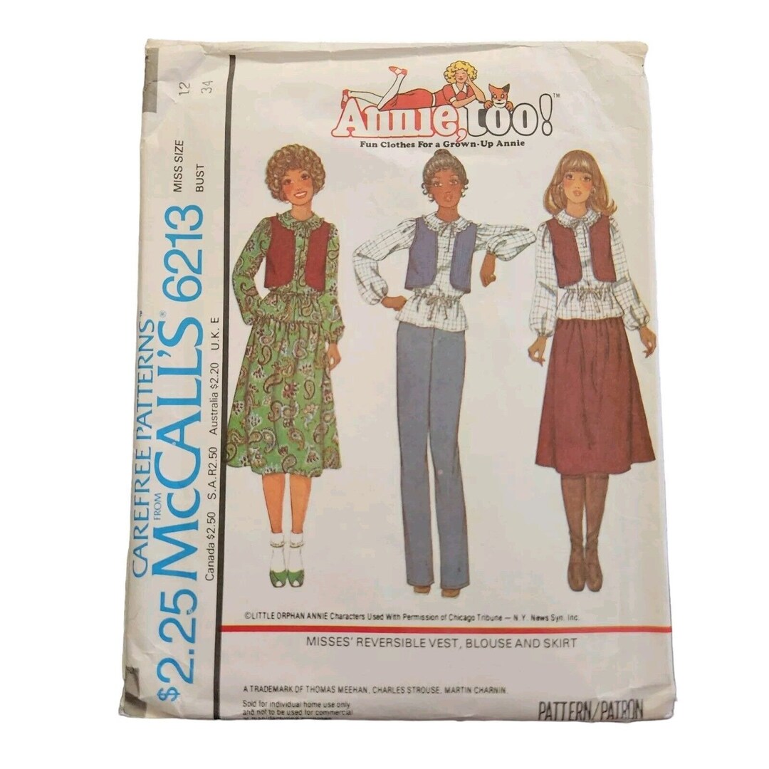 1978 Annie's Too! Mccall's #6213 Sewing Pattern Misses 12 Vest Blouse ...