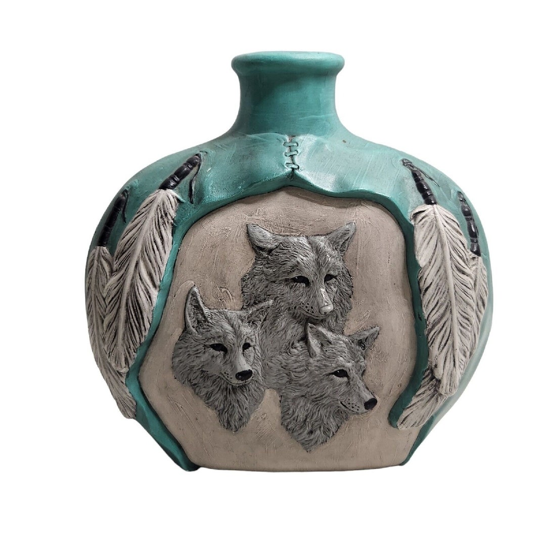 Vintage Ceramic Native American Wolves Hand Painted on Vase - Etsy
