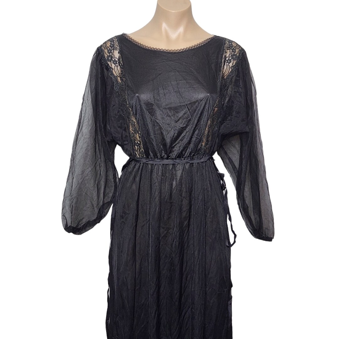 Vintage Undercover Wear Black Gown Black Chiffon Lace Trim Maxi Size ...