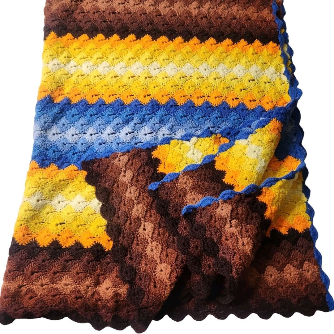 Vintage Crochet Afghan Yellow Orange Blue Throw Blanket Handmade 55x78 ...