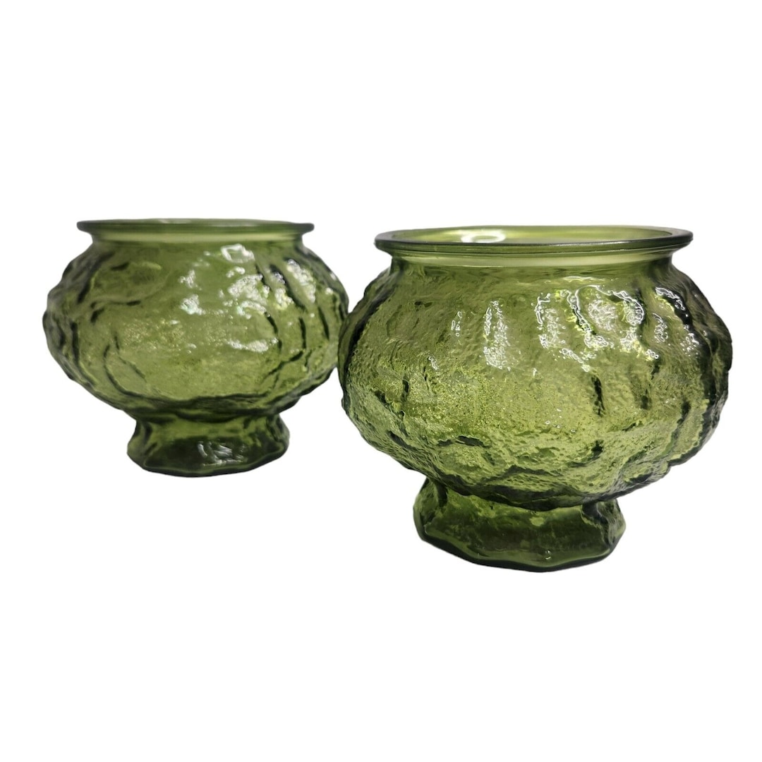 Vintage Set of Two Green EO Brody Co Glass Crinkle Textured Vase ...