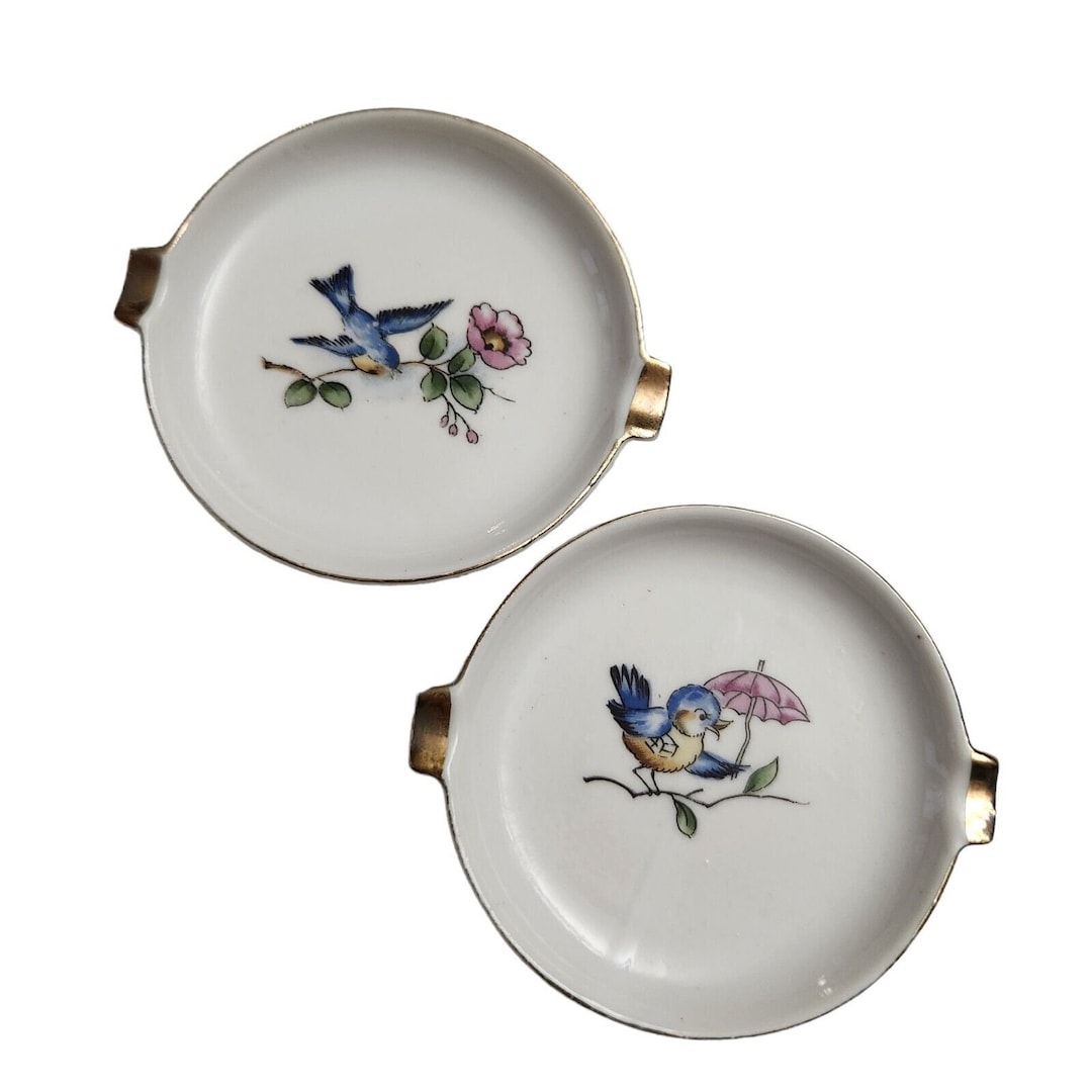 Vintage Made in Japan Ceramic Bird Themed Ashtrays Flat Round Gold Trim ...