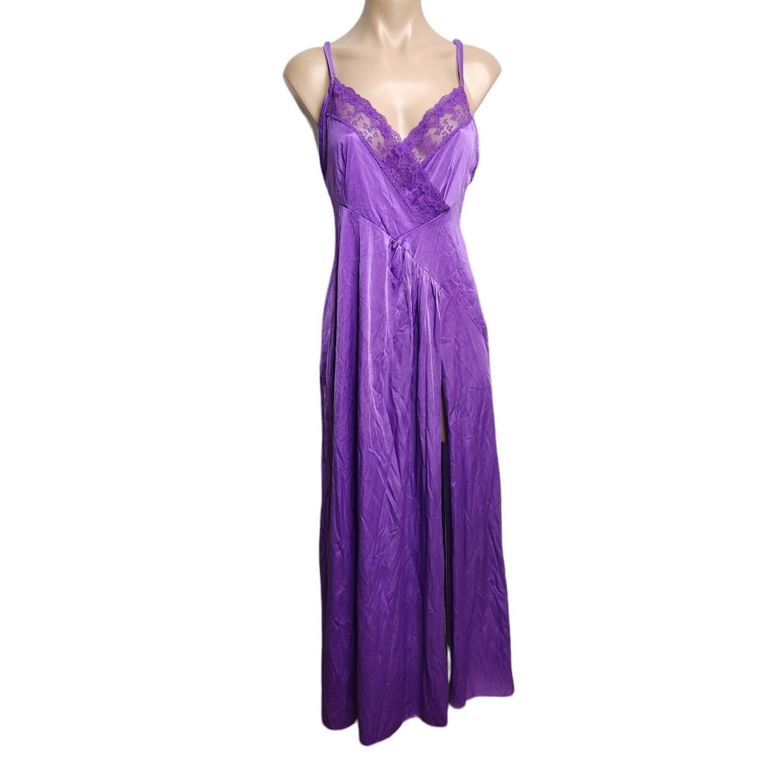 Vintage Undercover Wear Long Purple Nylon and Lace Night Gown Side Slit ...