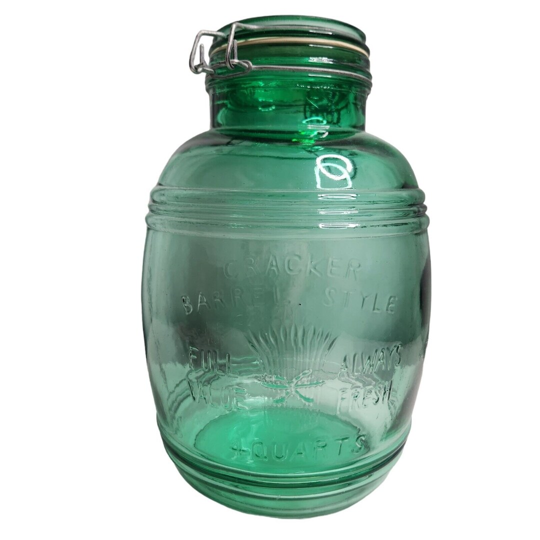 VTG Green Glass Cracker Barrel Style Cookie Flour Sugar Jar Bale Seal 4 ...
