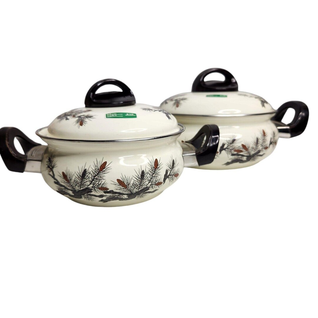 Vintage Enamel Cooking Bean Pots With Lids Douglas Fir Pine Cone Design ...