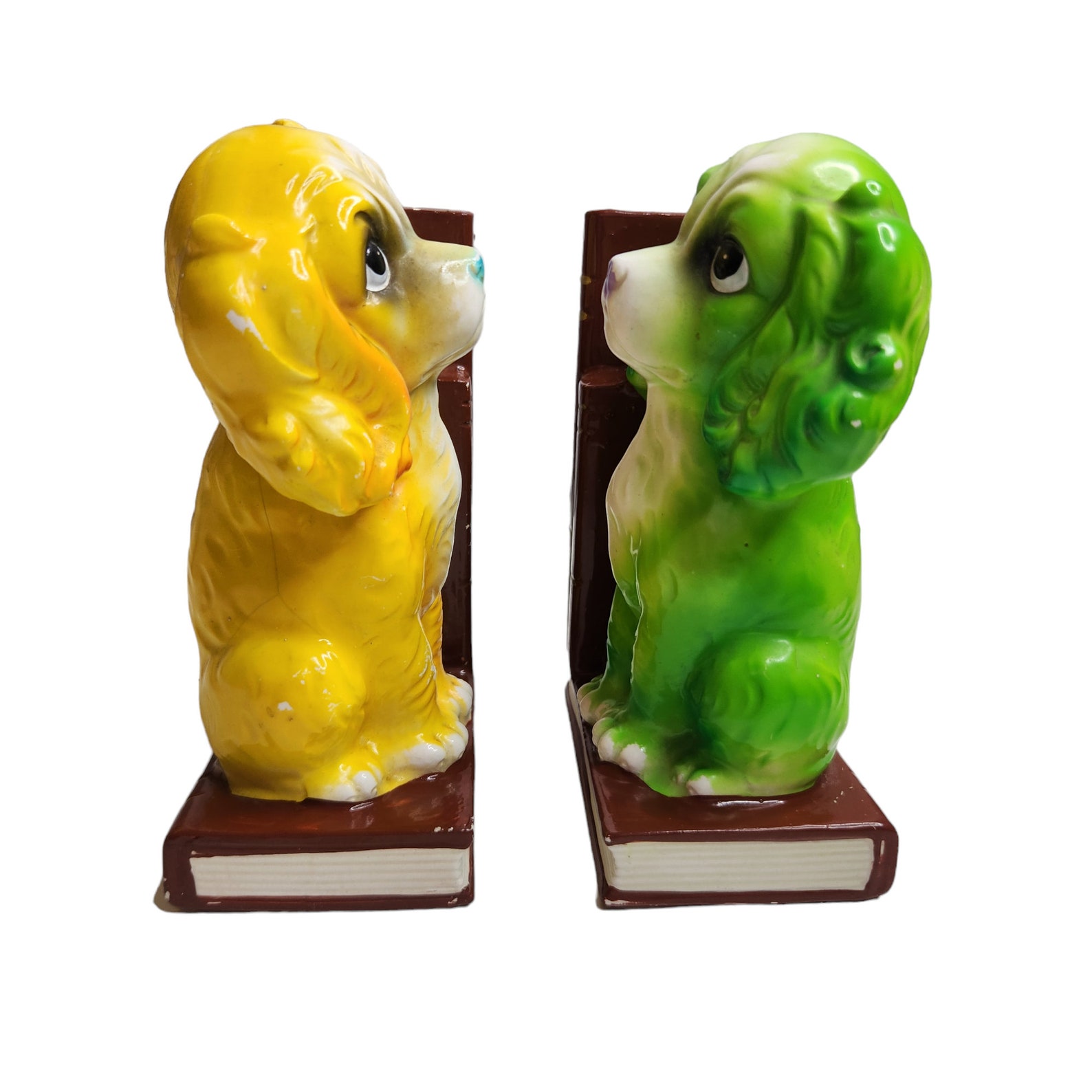 Vintage Kitsch Midcentury Dog Bookends Colorful Ceramic Cocker Spaniels ...