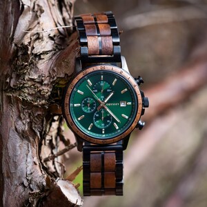 Personalised Wooden Watch | Green Face Walnut Strap | Gift for Men ...