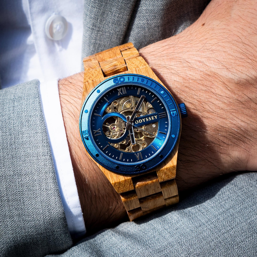Engraved Mechanical Watch | Automatic Mens Wood Gold & Blue Dial ...