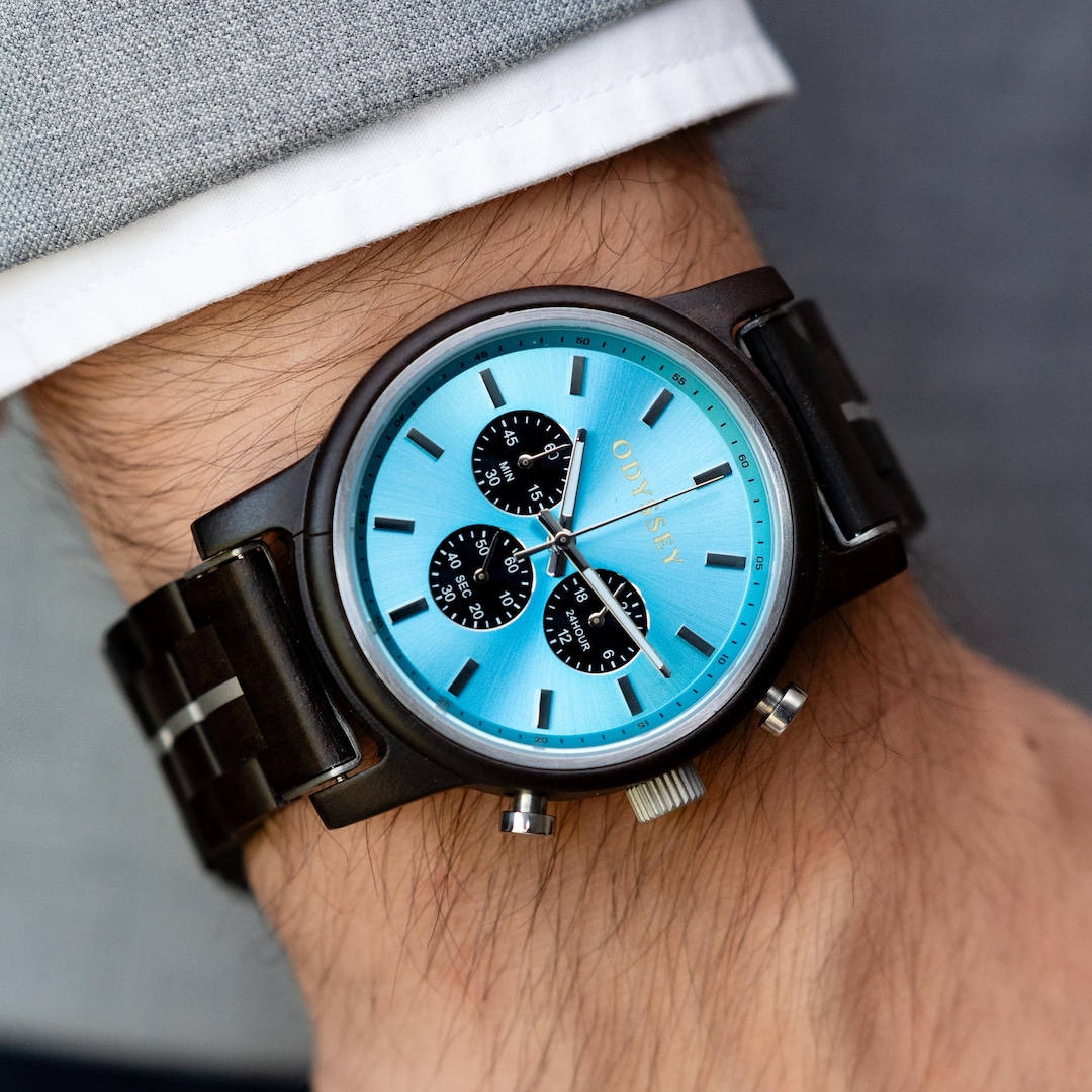 Engraved Mens Wooden Watch | Blue Dial & Black Personalised Wood Watch ...