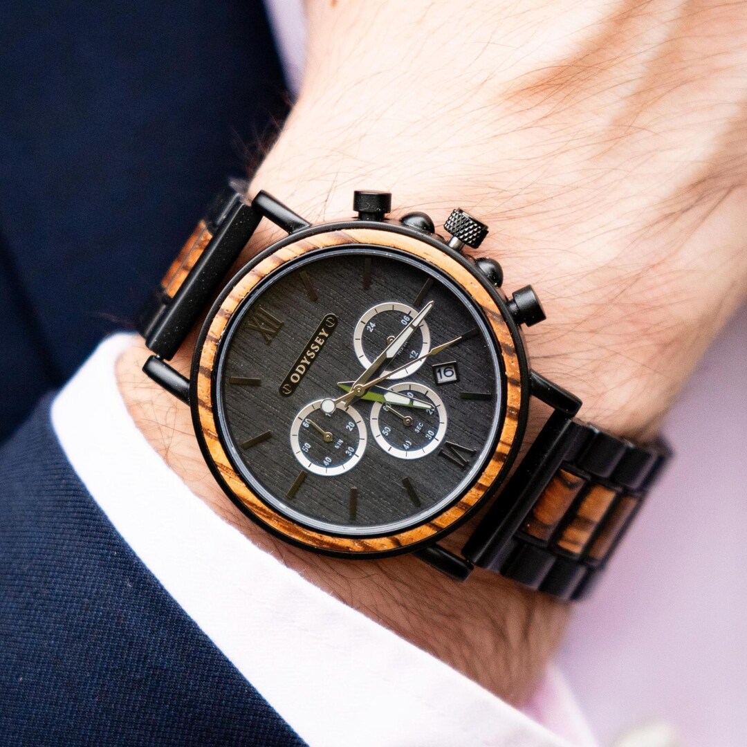 Engraved Mens Wooden Watch | Black & Zebra Wood Personalised Wood Watch ...