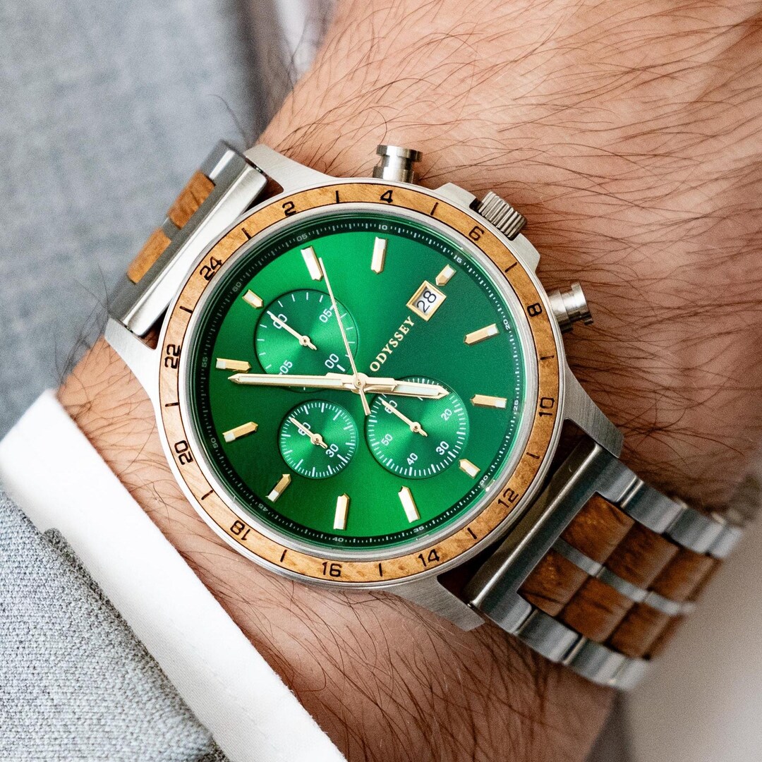 Personalised Mens Wristwatch | Green Dial Wooden Strap | Special Gift for Him | Engraved Watch ...