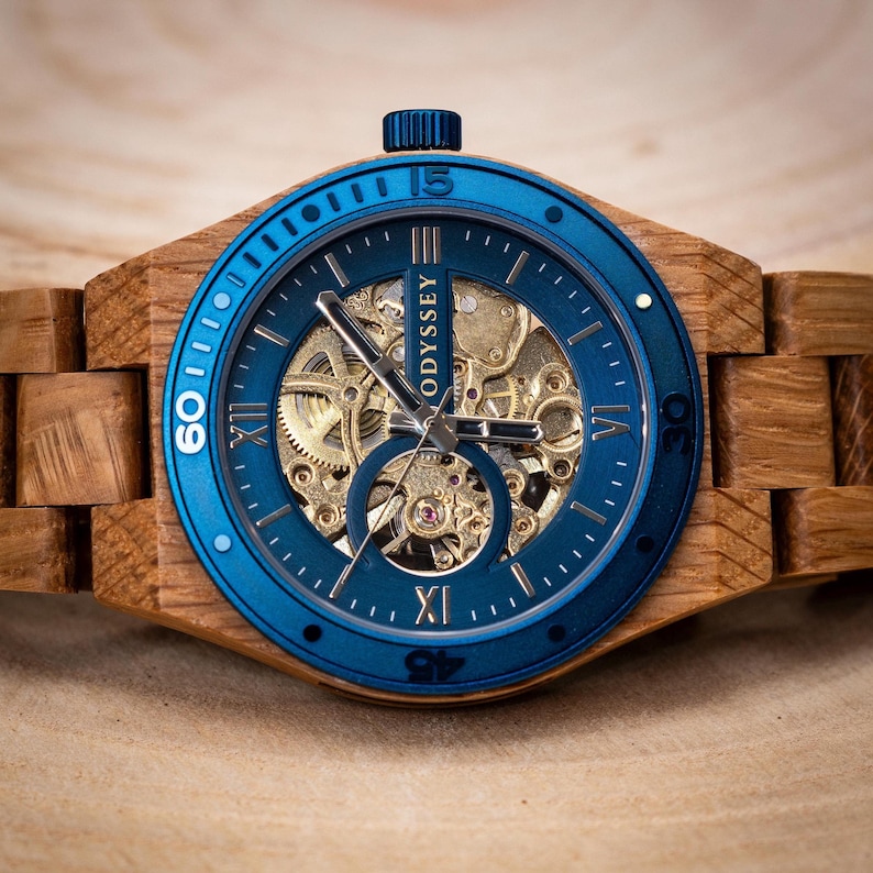 Engraved Mechanical Watch | Automatic Mens Oak Wood Gold & Blue Dial ...