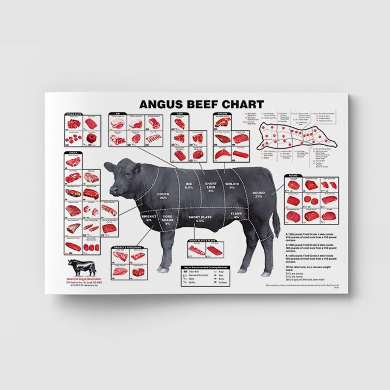 Angus Beef Chart Printable Poster, Beef Cuts Diagram Cooking Meal, Personalised Gift, Rolled ...