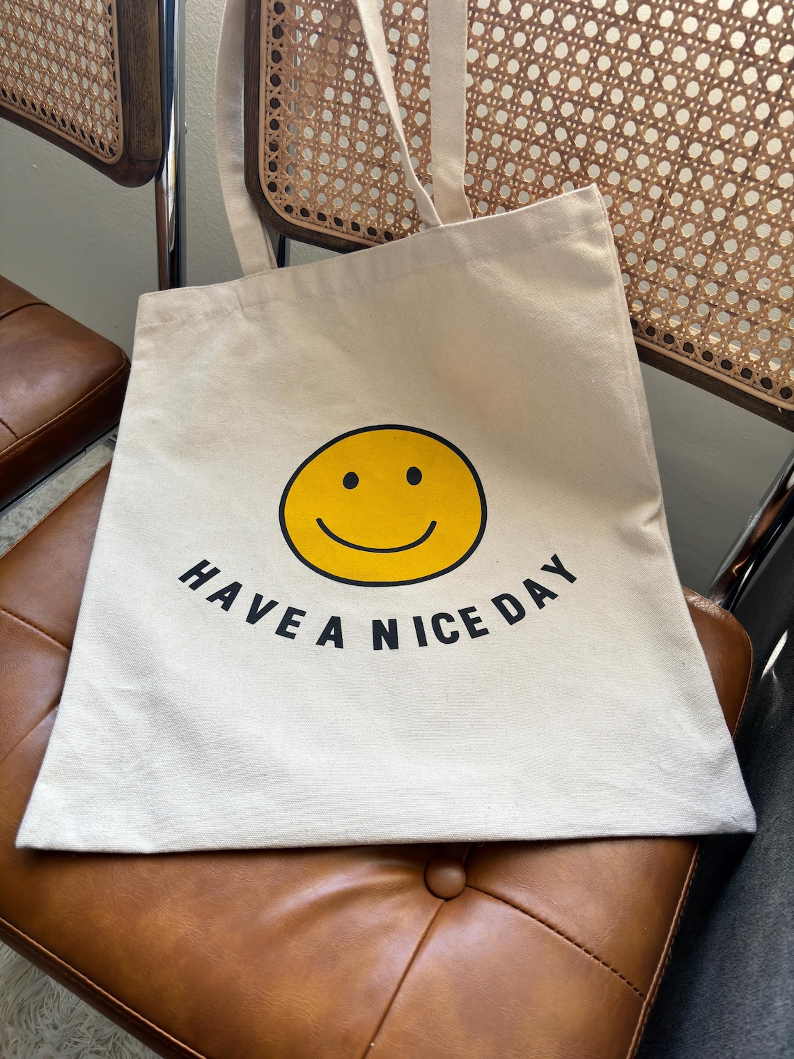 Smiley Face Canvas Tote Bag, Smile Bag, Daily Eco Friendly Reusable ...