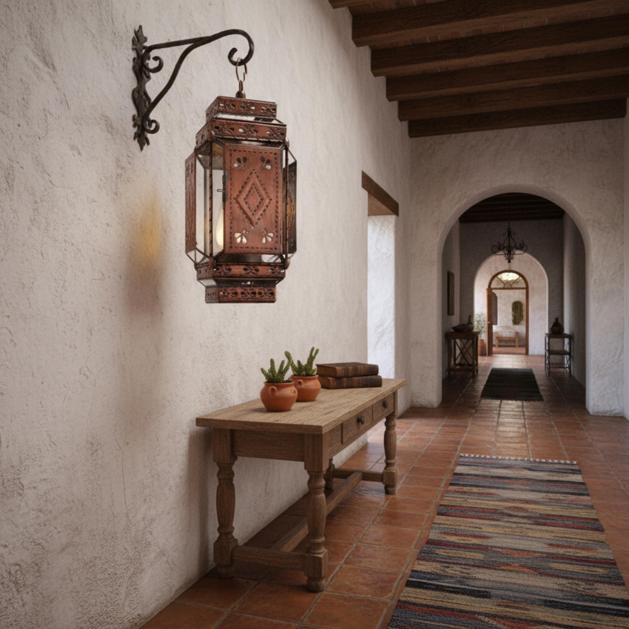 Mexican Tin Lantern Punched Metal Wall Lamp Rustic Decor Brown Embossed ...