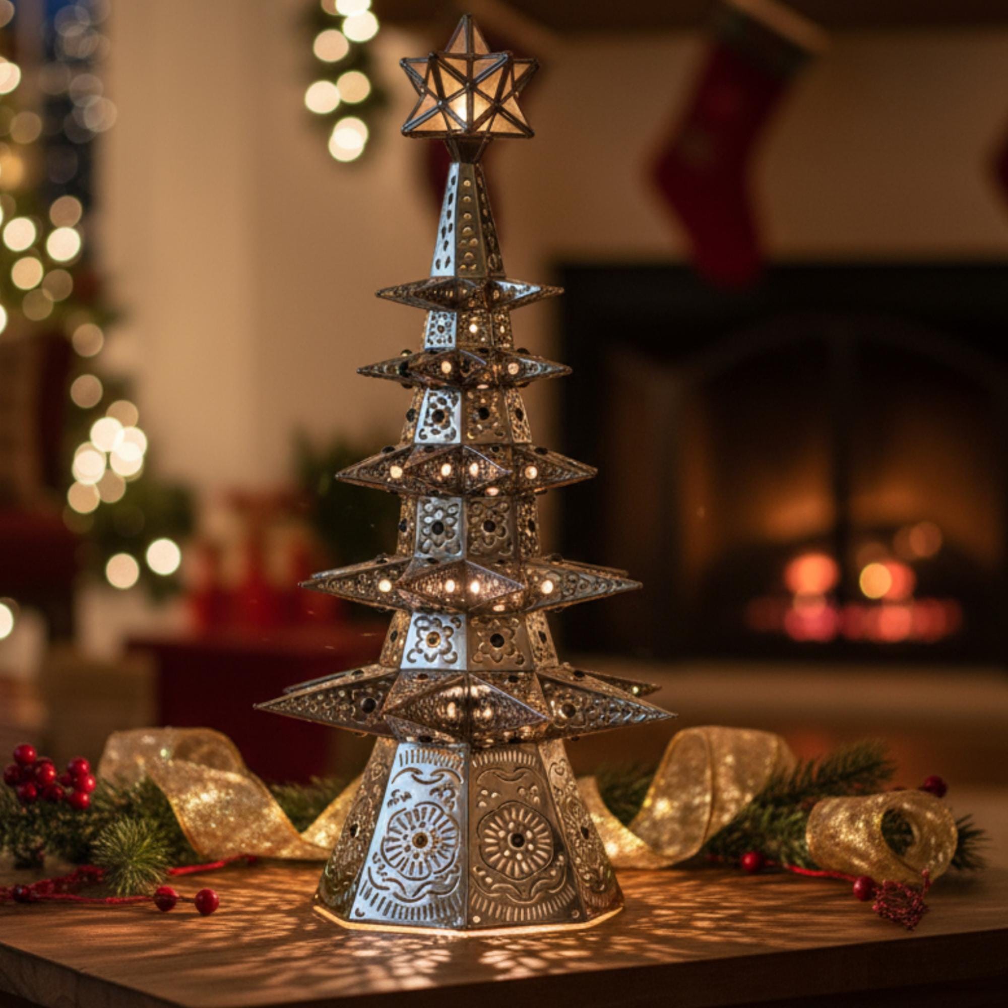 Lighted 34" Handmade Punched Tin Tree Hacienda Home Decoration ...