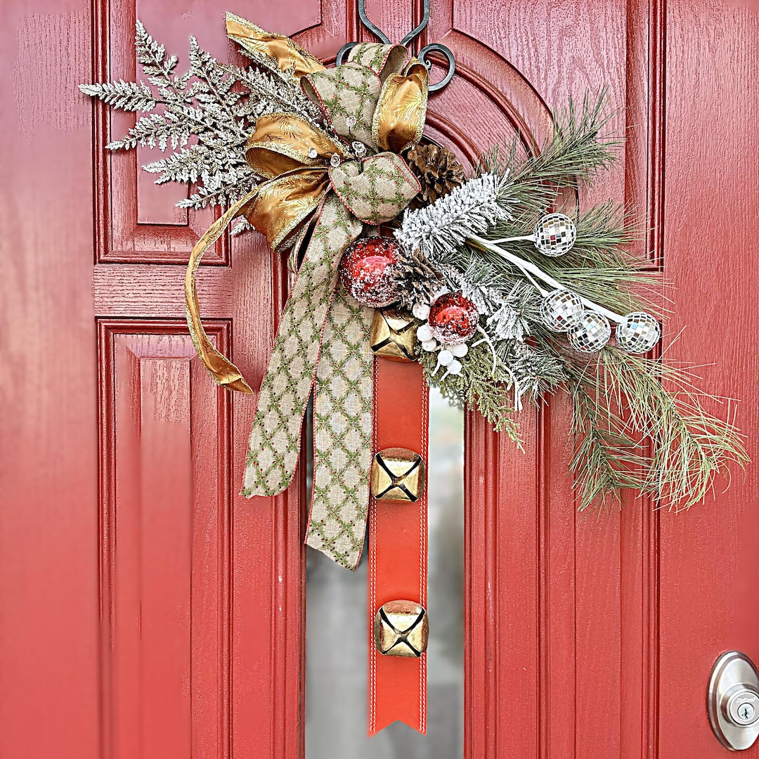 Rustic Santa Jingle Bell Door Swag Leather Hanger Festive Bells-festive ...