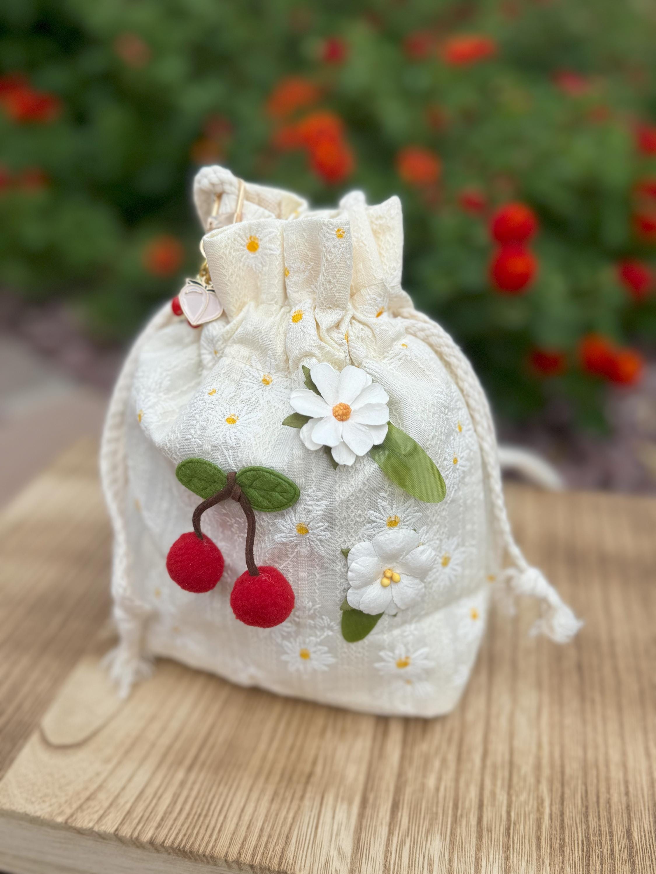 Handmade Cherry Drawstring Pouch Bag, Cute Kawaii Coin Purse ...