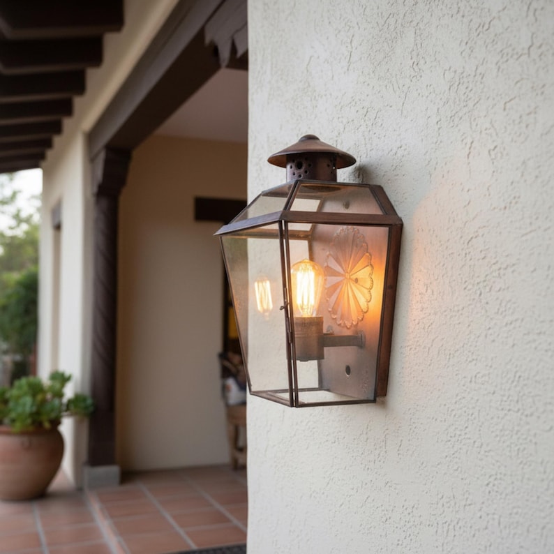 Rustic Copper Wall Lantern Spanish Colonial Sconce Vintage Glass ...