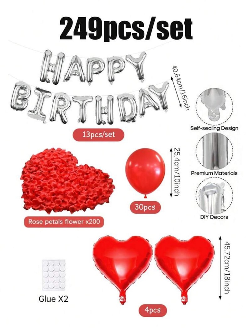 249pc Red Birthday Party Decoration Balloons Set, Includes Silver Happy ...