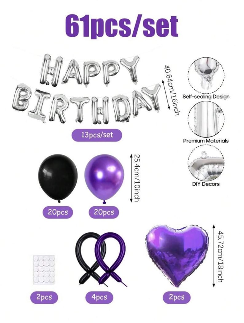 61pcs Silver Happy Birthday Letter Foil Balloon, Including Black ...