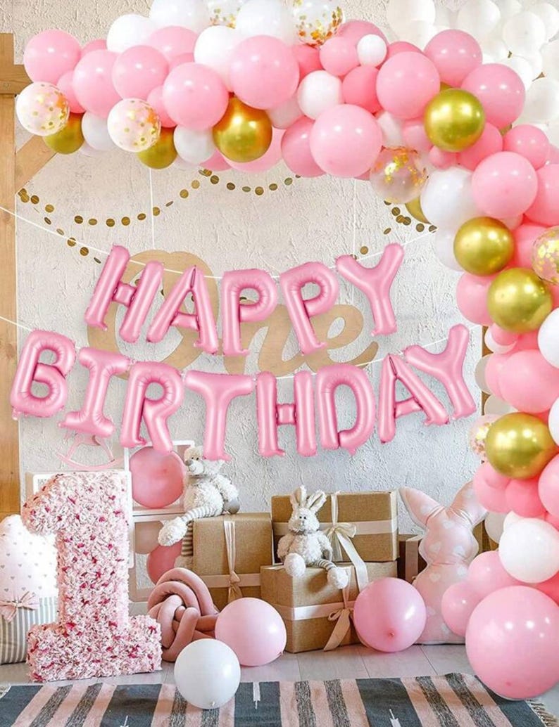 59 Pcs Hot Pink Happy Birthday Party Decoration Set Including Pink Rose Red Latex Balloons, Star ...