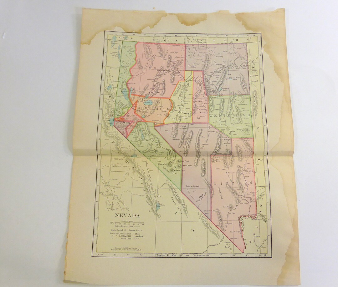 1904 Antique Map Nevada State Map Encyclopedia Britannica Hammonds ...