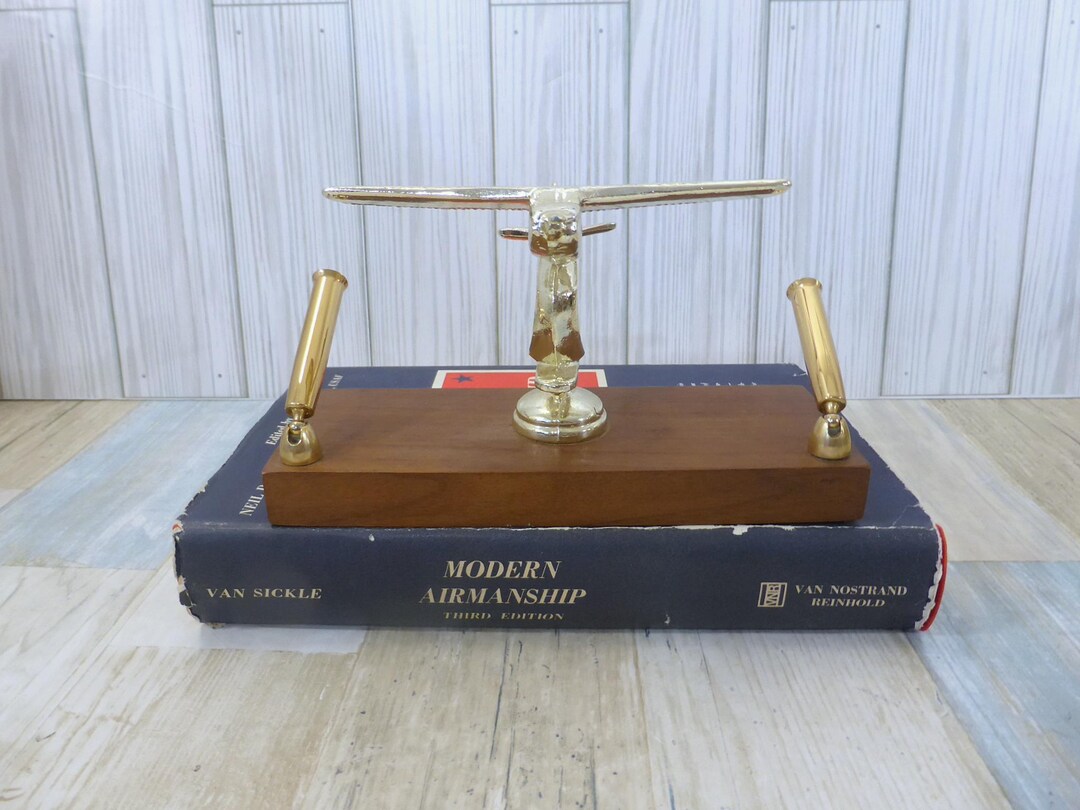 Vintage Desk Airplane Pen Holder Goldtone Metal With Wood Base Pilot ...