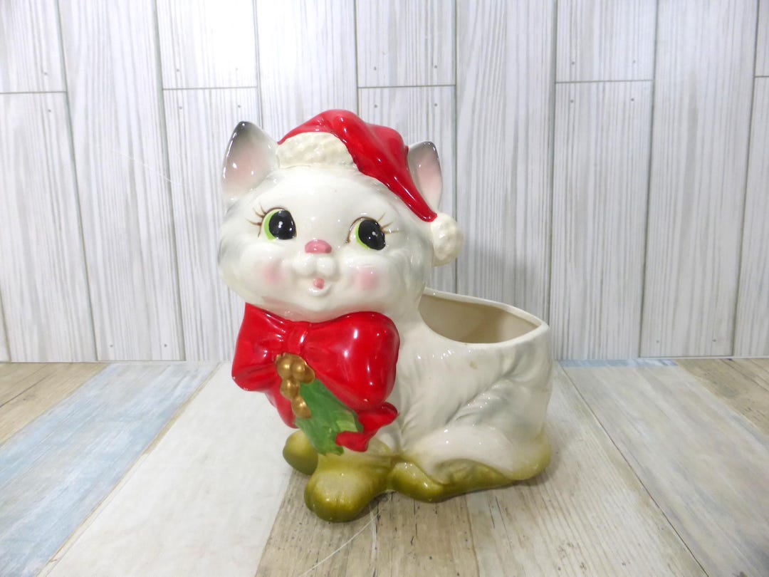 Vintage Inarco Japan Ceramic Christmas Kitten Cat Planter Vase E4528 ...