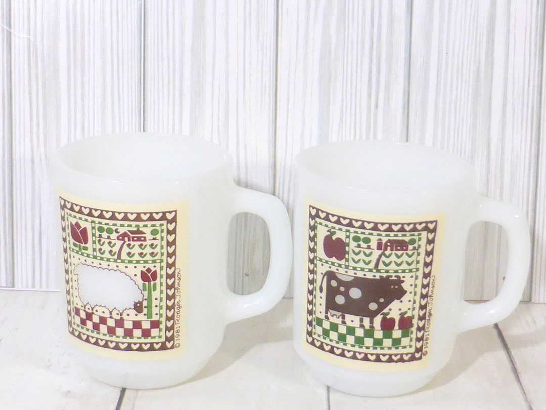 Vintage Anchor Hocking Sheep and Cow Milk Glass Coffee Mugs Set of 2 ...