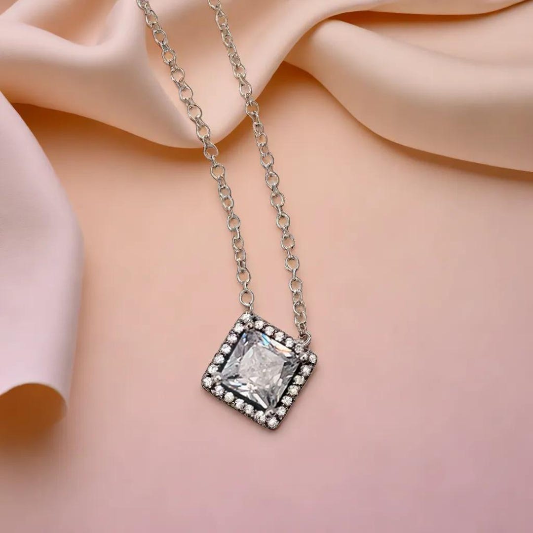 Sterling Silver Square Sparkle Halo Necklace, Halo Sparkling Square ...