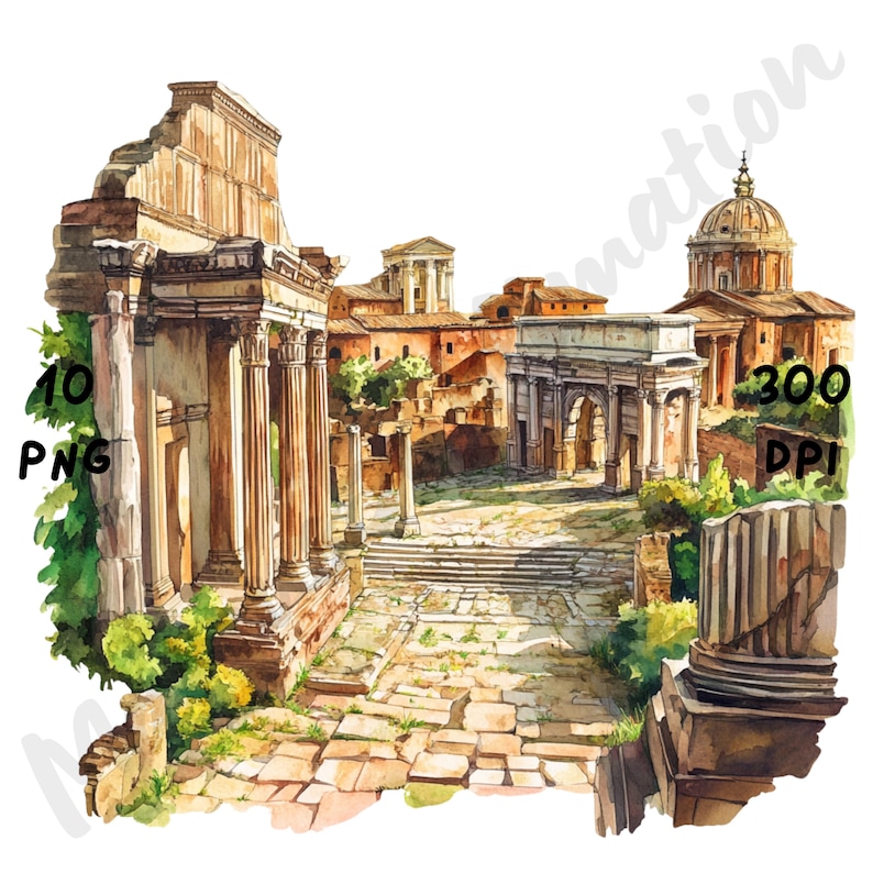 10 PNG Quirky Ancient Rome Scene Clipart, Watercolor Rome Cityscape ...