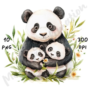 10 PNG Cute Panda Mother Clipart, Watercolor Mom Panda and Her Cubs ...