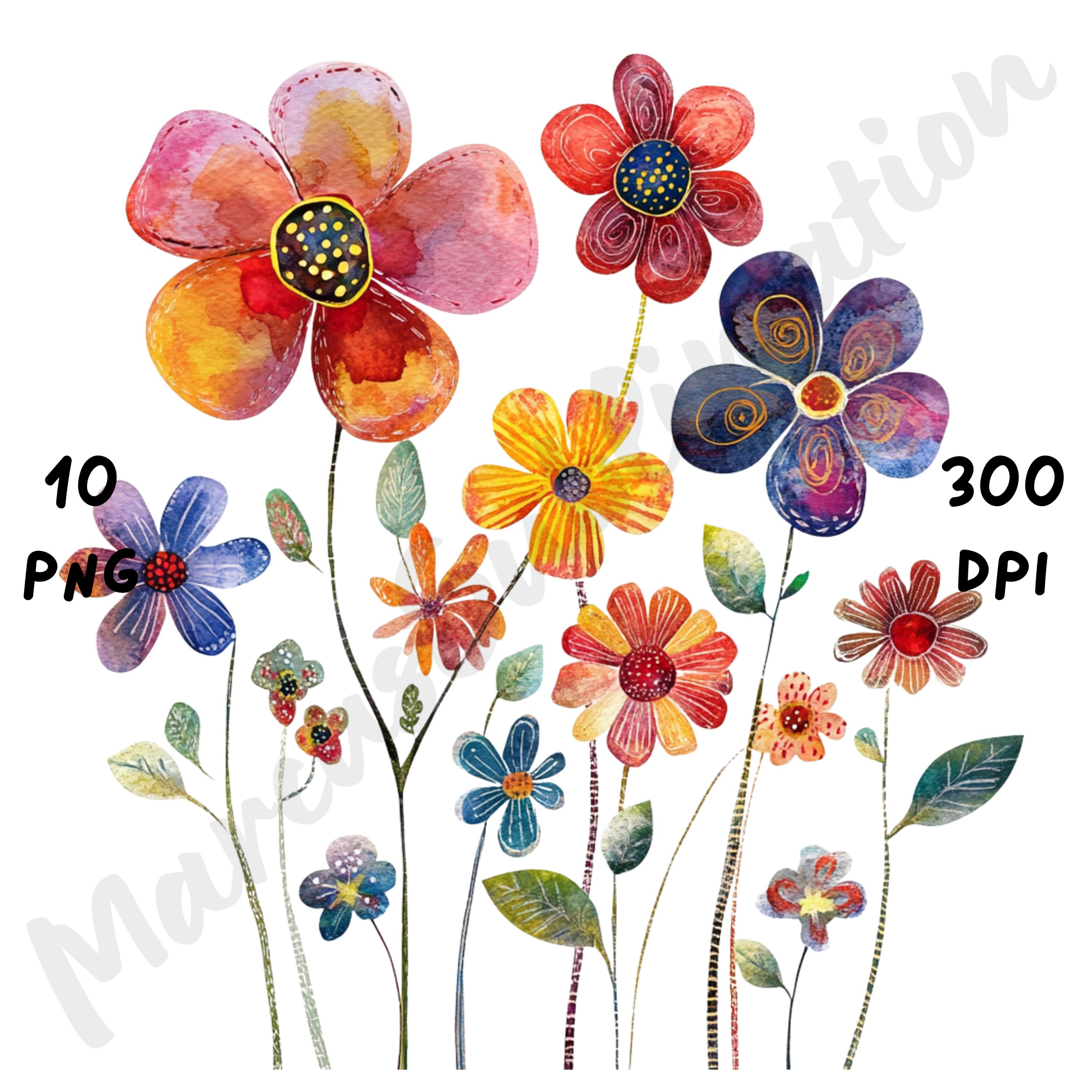 10 PNG Quirky Whimsical Flower Clipart – Abstract Watercolor Floral ...