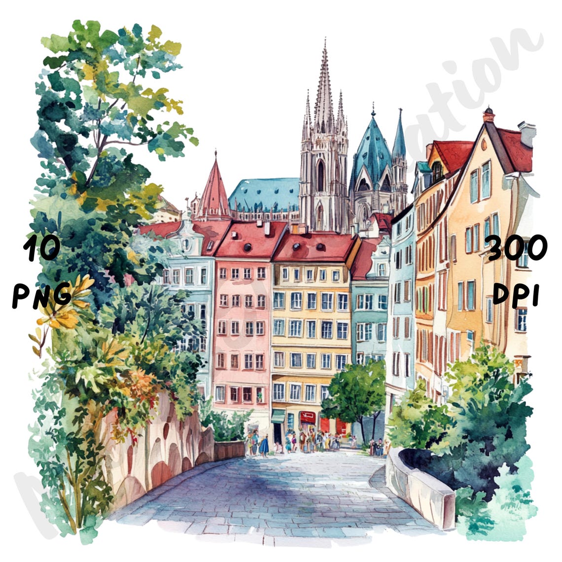 10 PNG Quirky Vienna Scene Clipart, Watercolor City of Vien View ...