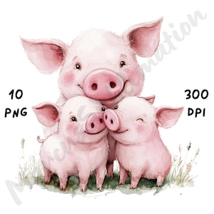 10 PNG Cute Pig Mother Clipart, Watercolor Mom Pig and Cubs, Whimsical ...