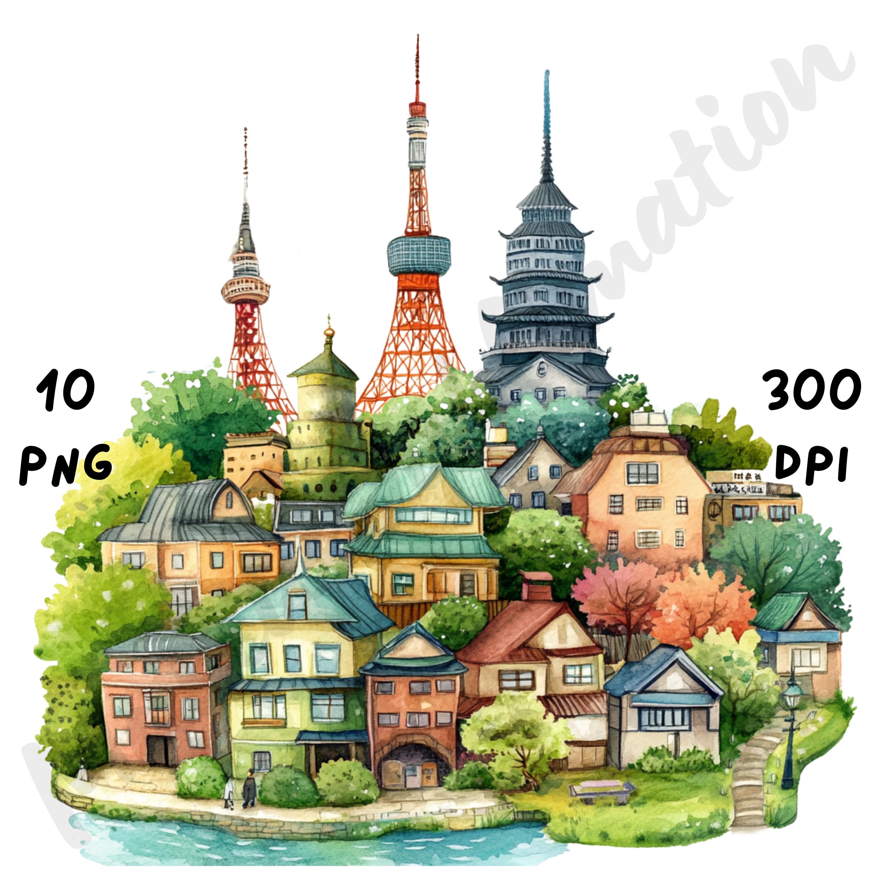 10 PNG Quirky Tokyo Scene Clipart, Watercolor City of Tokio View ...