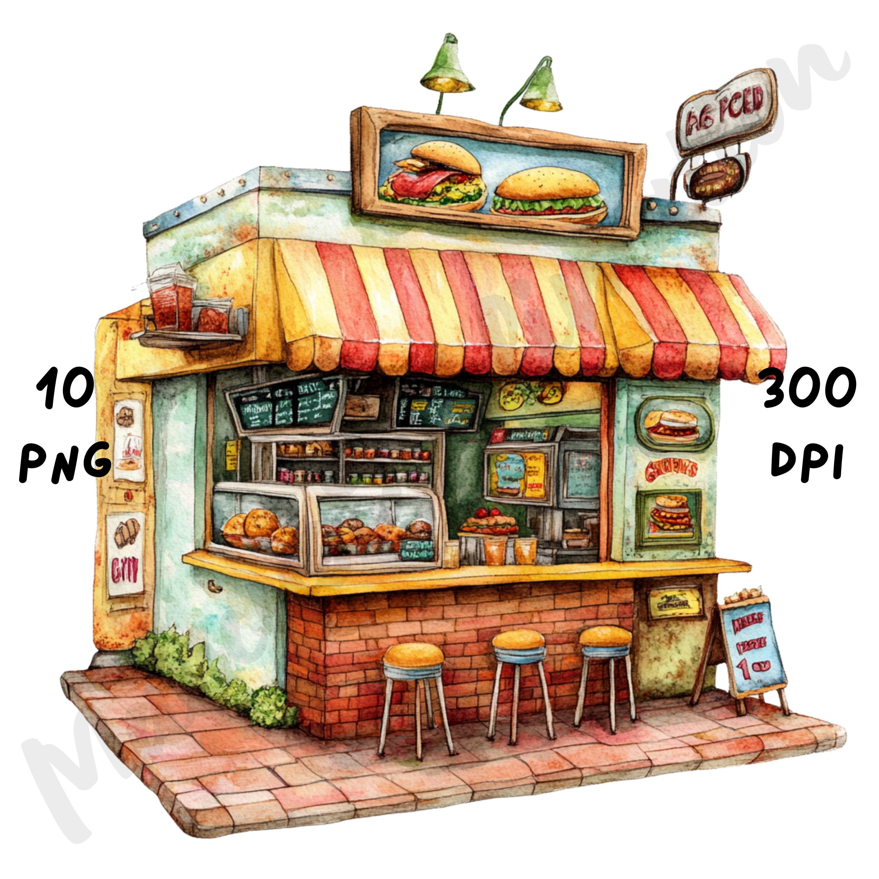 10 PNG Quirky Fast Food Shop Clipart, Whimsical Store Scene, Watercolor ...