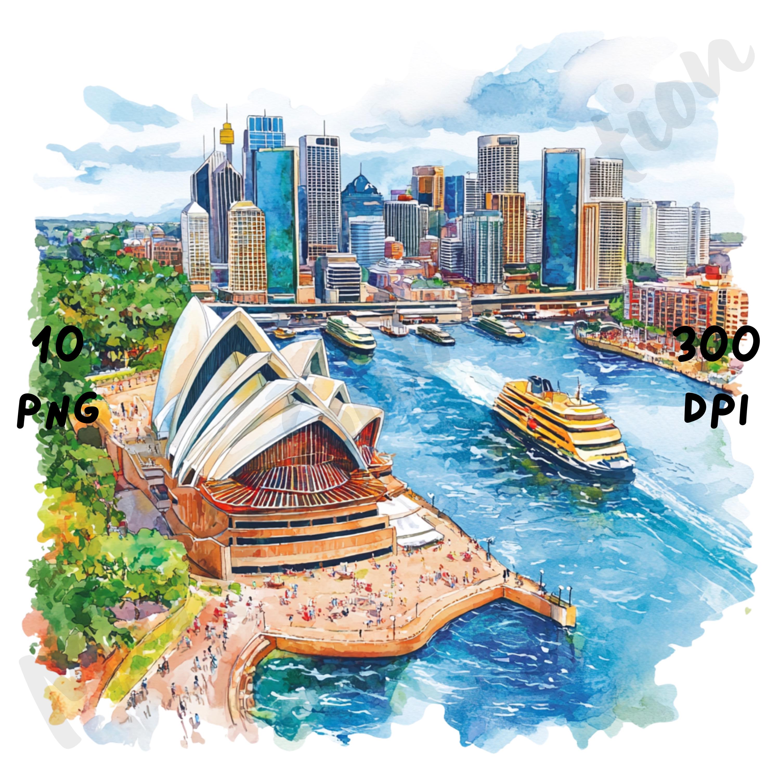 10 PNG Quirky Sydney Scene Clipart, Watercolor City of Sydney View ...